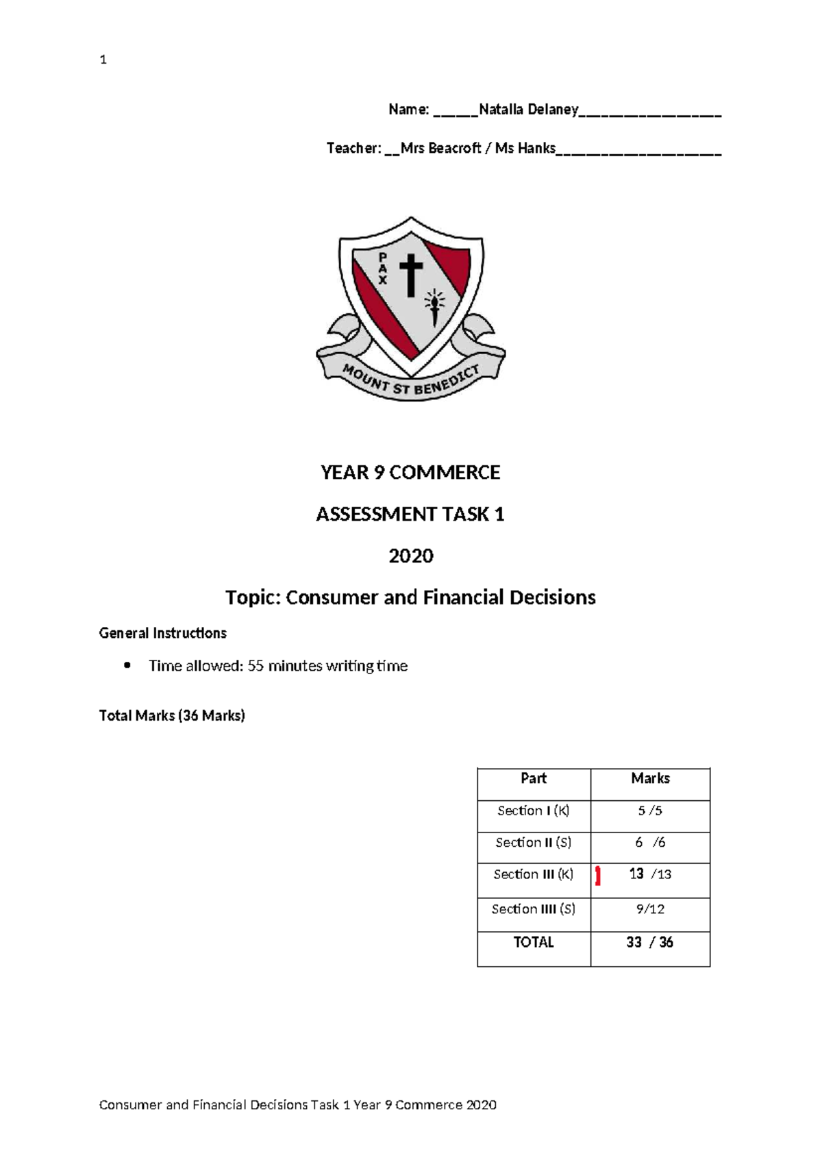 Year 9 Commerce T1 2020: Consumer & Financial Decisions Assessment Task ...