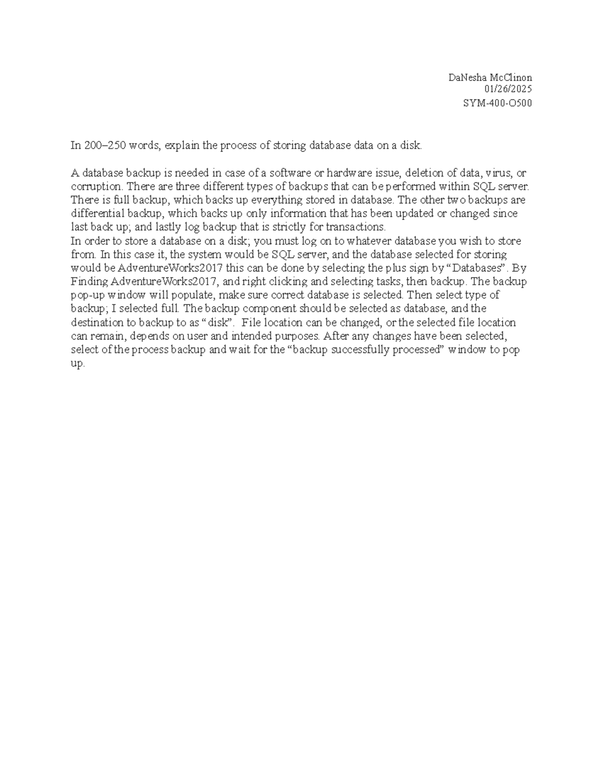 Database Backup Process in SQL Server: Week 7 Overview - Studocu