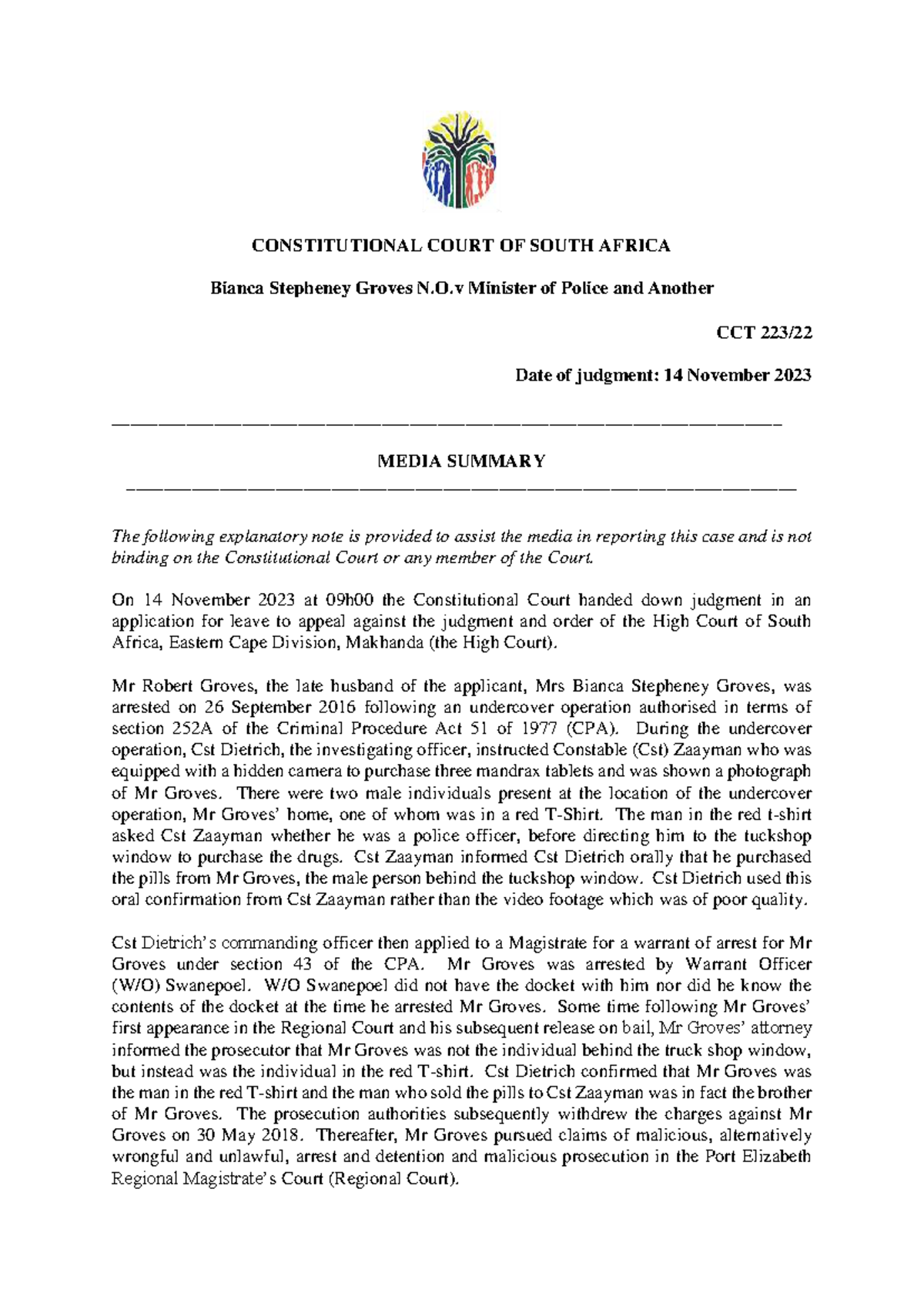 Minister of Police v Groves: CCT Case Review & Media Summary 2023 - Studocu