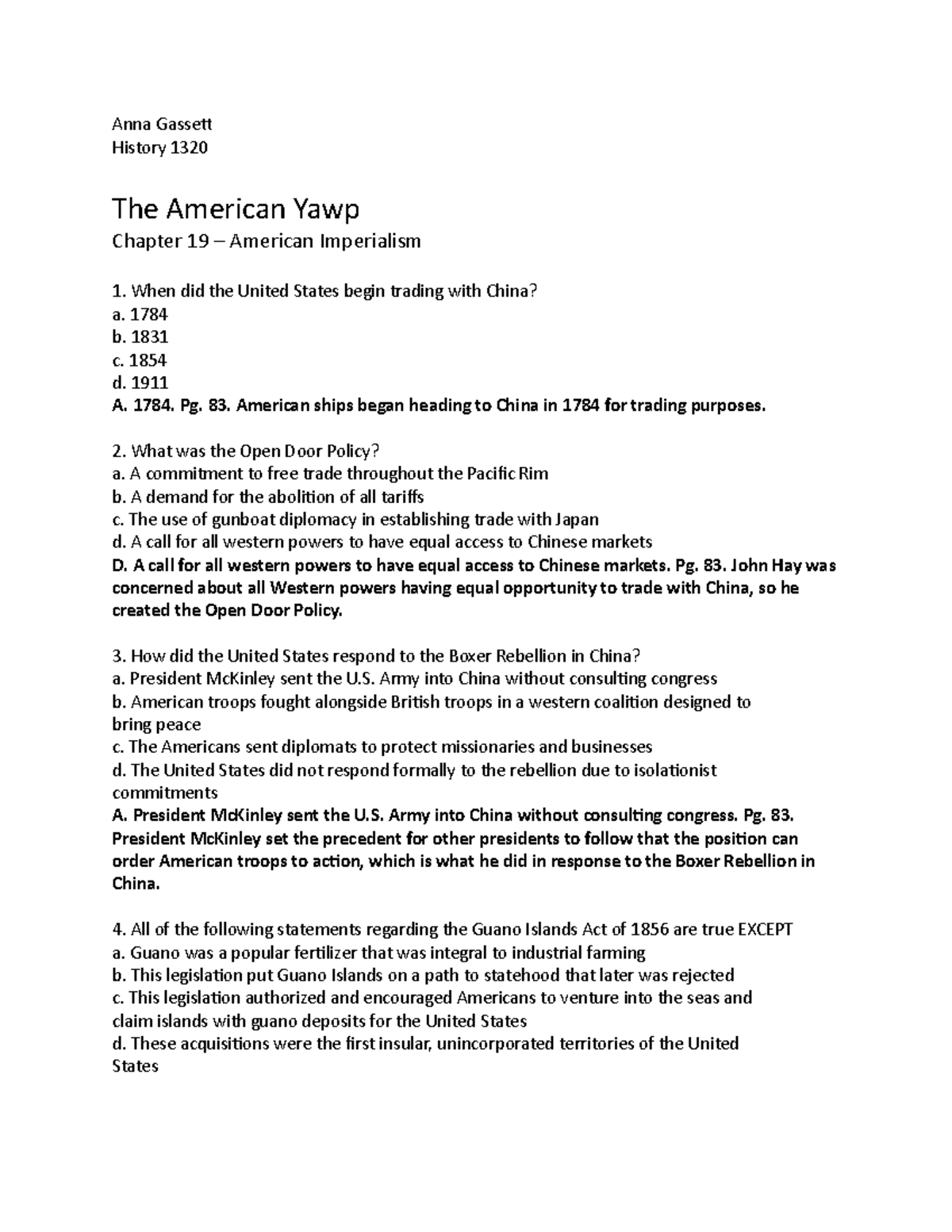 History 1320: Chapter 19 Review Questions on American Imperialism - Studocu