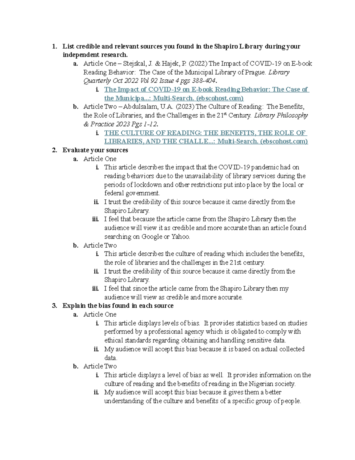 M2 Assignment: Evaluating Credible Sources from Shapiro Library - Studocu