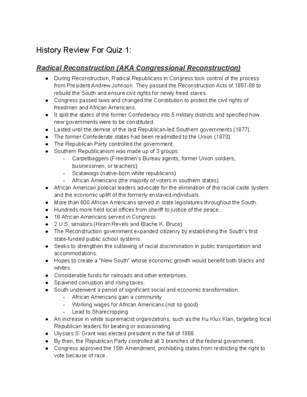 History Review for Quiz 1: Radical Reconstruction & Amendments - Studocu