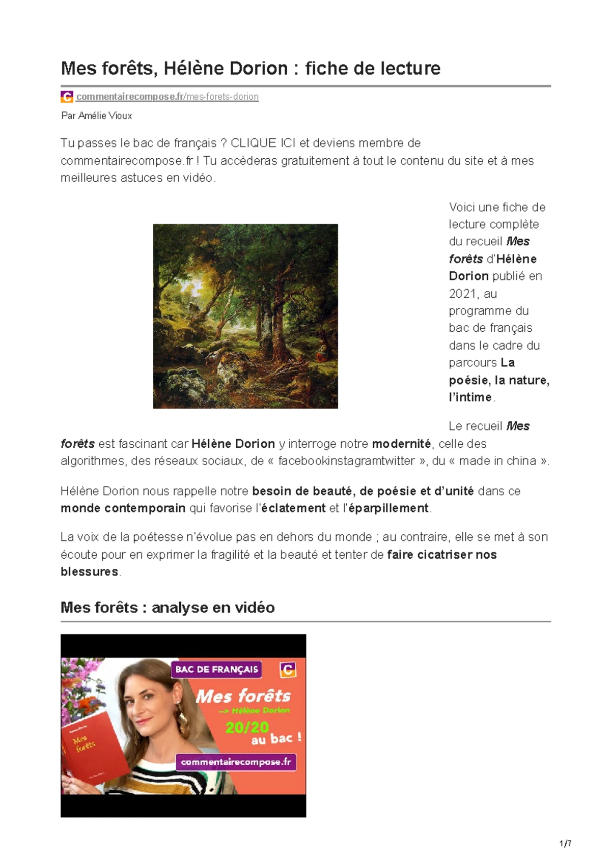 Fiche de lecture : Mes forêts d'Hélène Dorion - Bac Français 2023 - Studocu