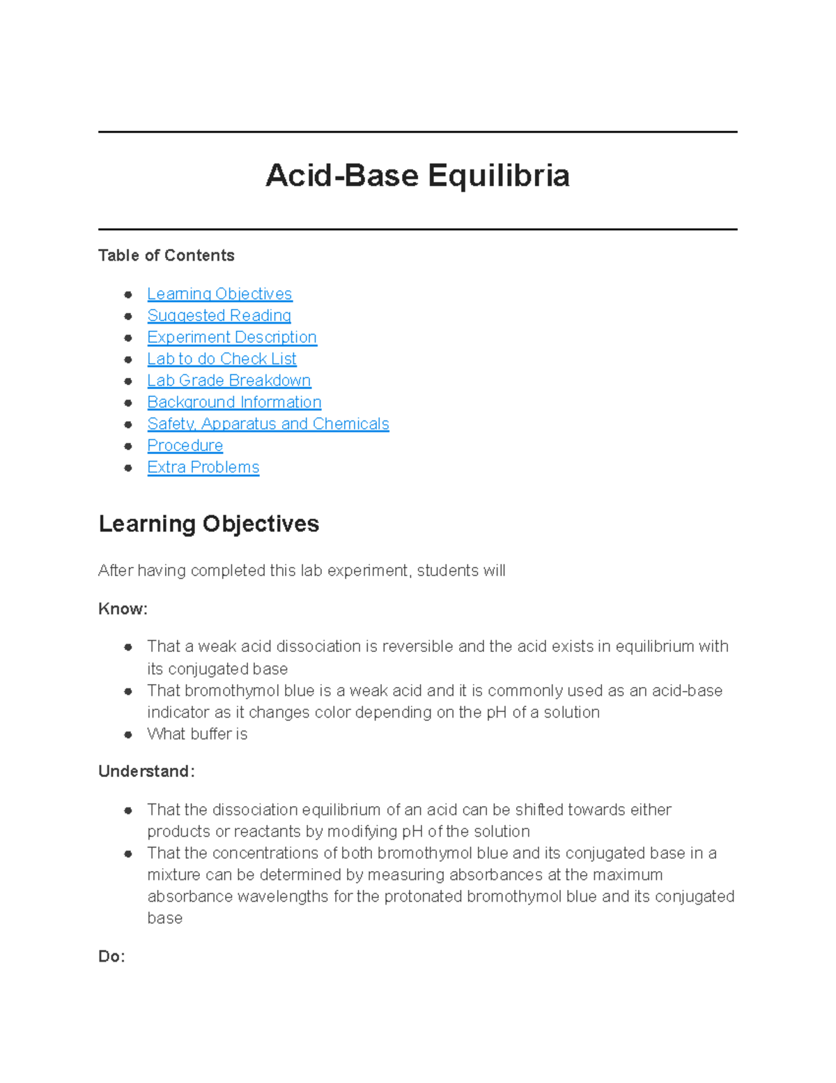 Acid-Base Equilibria Lab Manual (CHEM 101): Experiment on Bromothymol ...