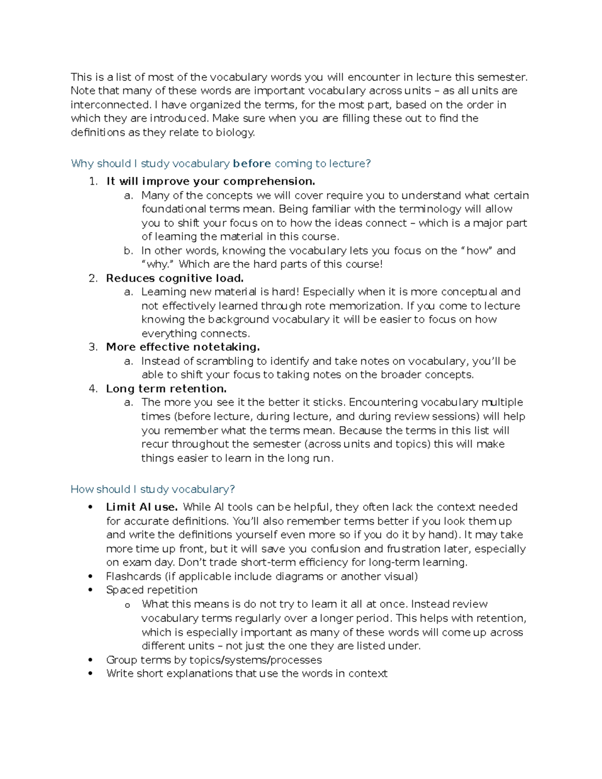 Biology Vocabulary List for Lecture: Key Terms & Definitions - Studocu