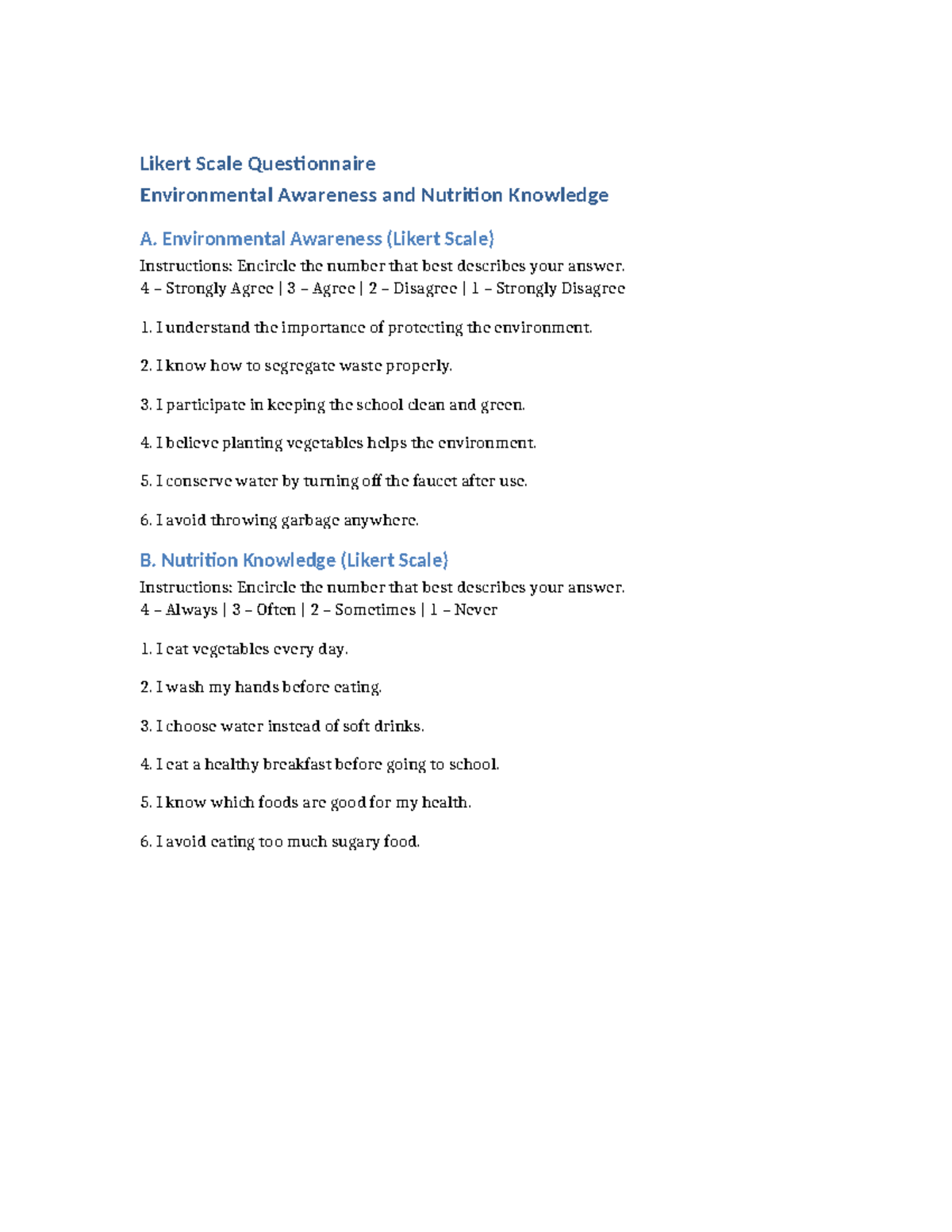 Likert Scale Questionnaire on Environmental Awareness & Nutrition - Studocu