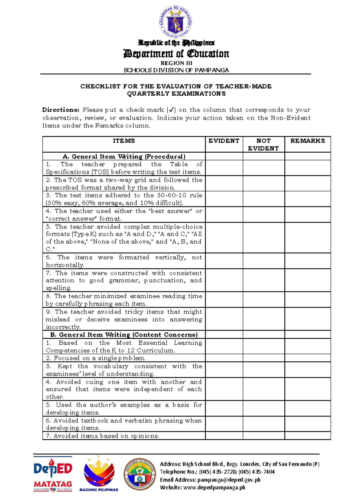 Checklist for Evaluating Teacher-Made Quarterly Exams - Studocu