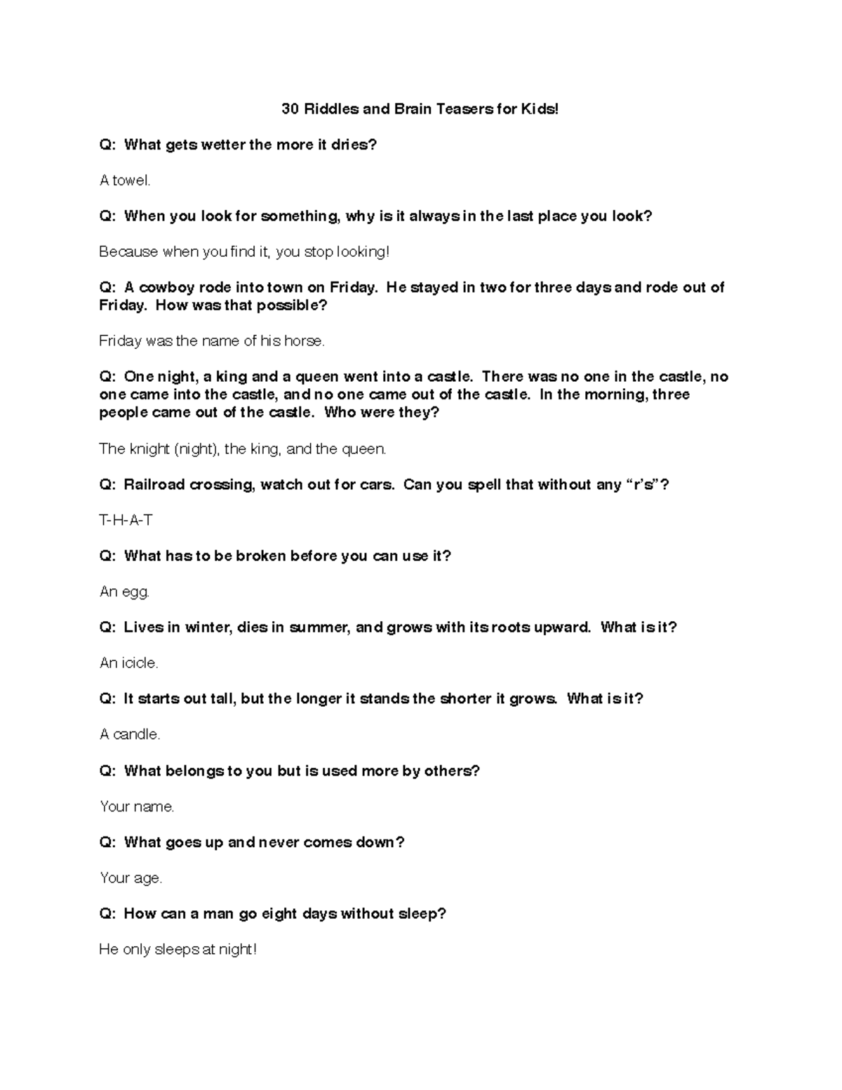 30 Fun Riddles and Brain Teasers for Kids - Easy and Engaging! - Studocu