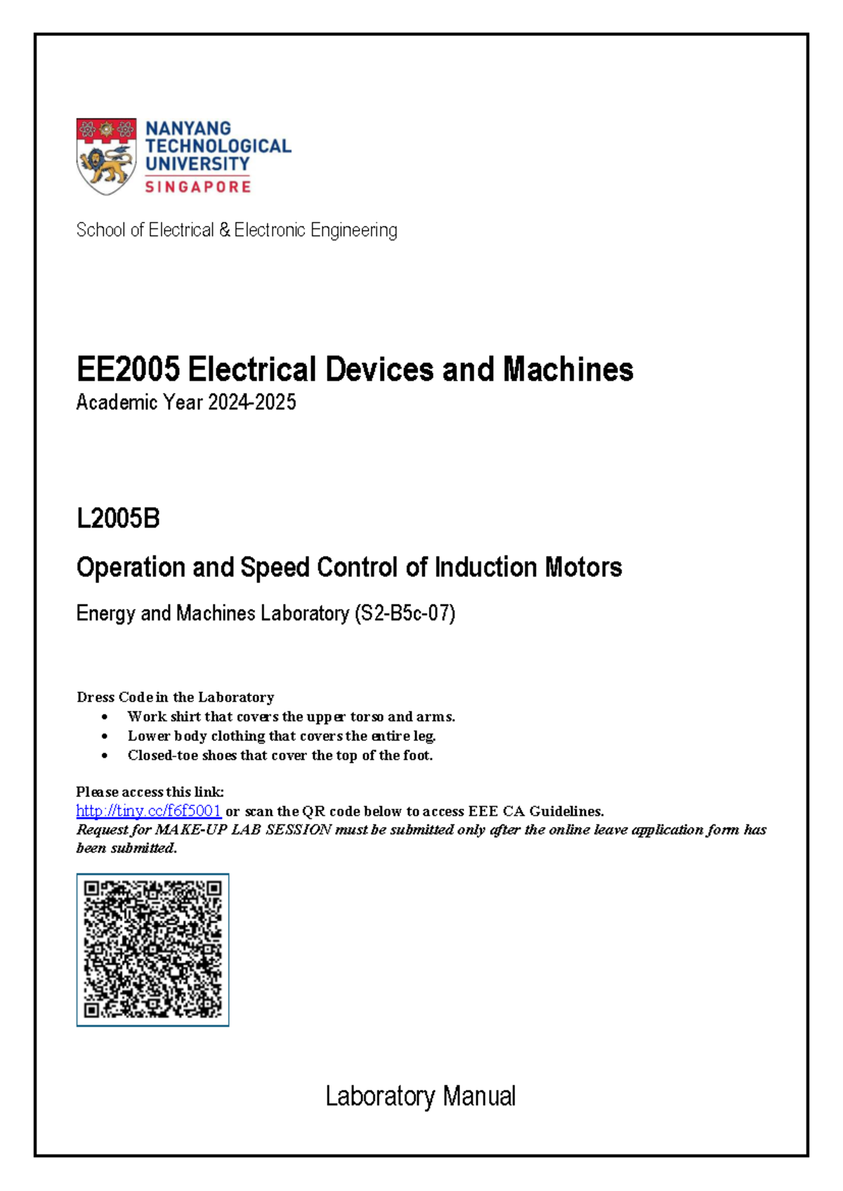 EE2005 Lab Manual: Operation & Speed Control of Induction Motors - Studocu