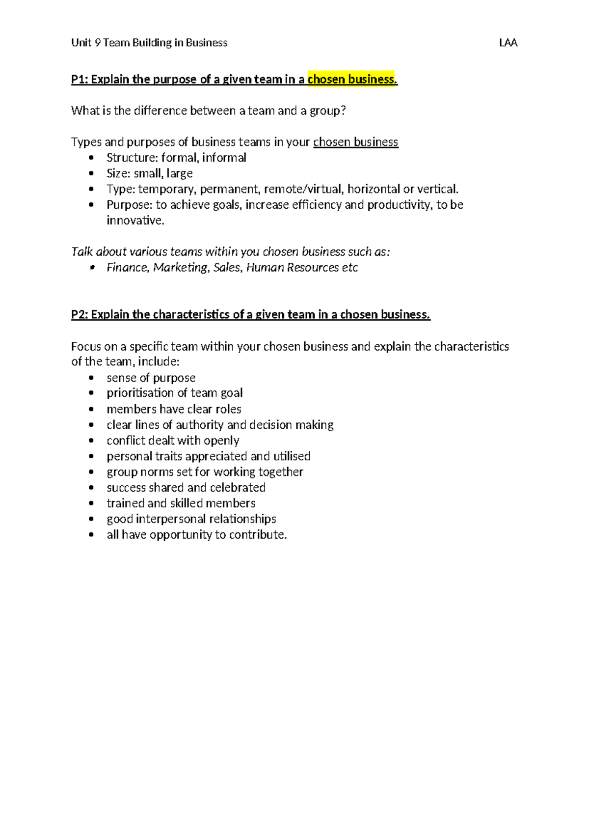 Unit 9 LAA Team Building in Business: Characteristics & Benefits - Studocu