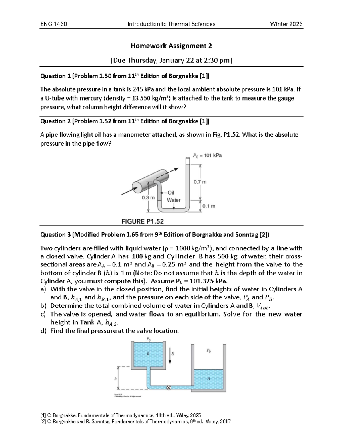 ENG 1460 Winter 2026 Homework Assignment 2: Thermal Sciences Problems ...