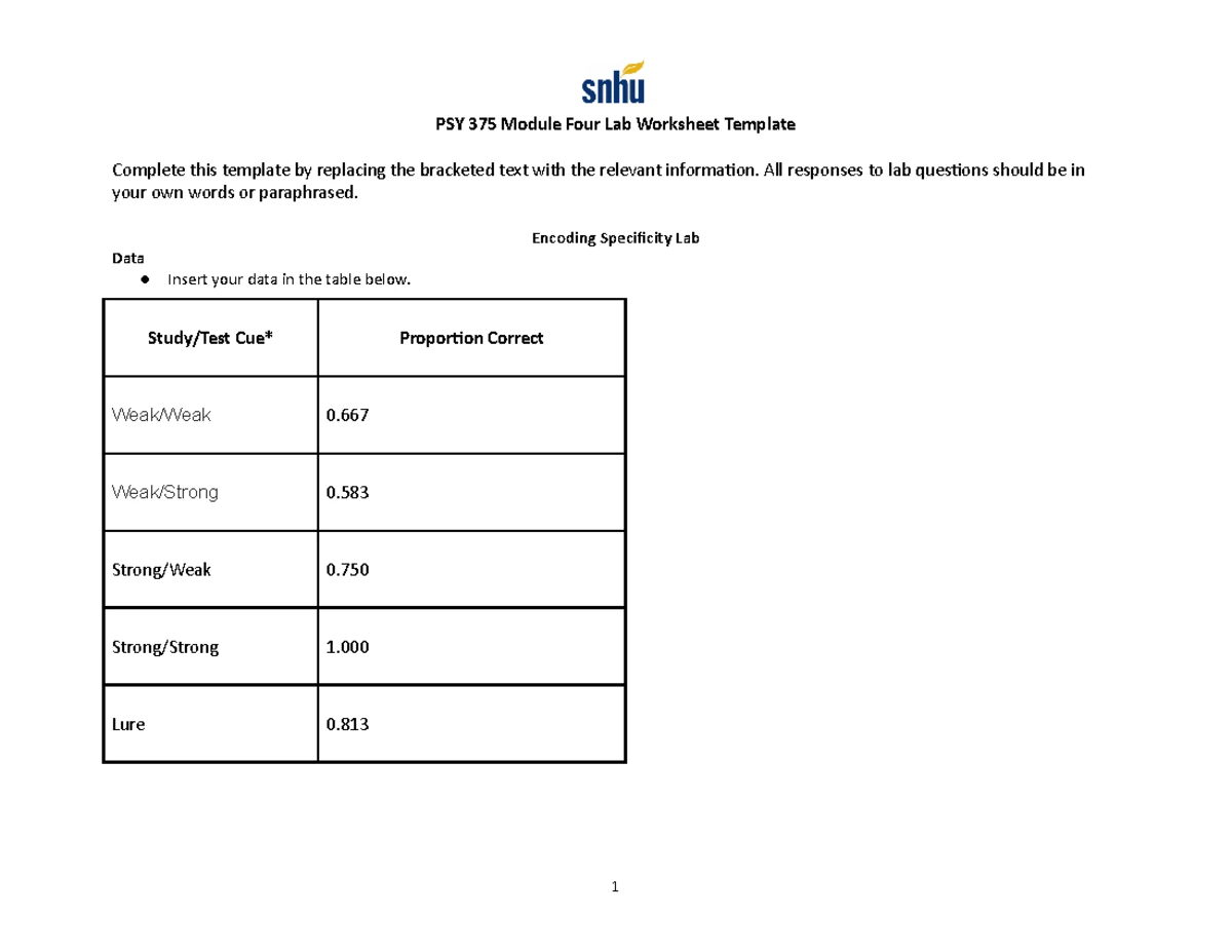 Module 1 Lab Worksheet - Assignment - PSY 375 Module One Lab Worksheet ...