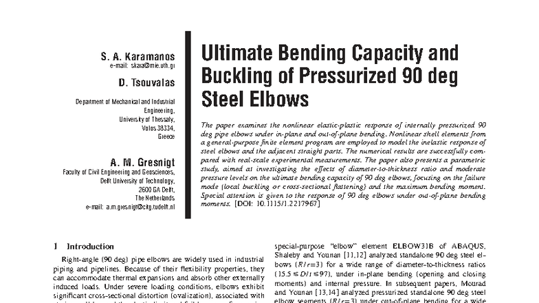 Ultimate Bending Capacity of Pressurized 90° Steel Elbows - ASME JPVT ...