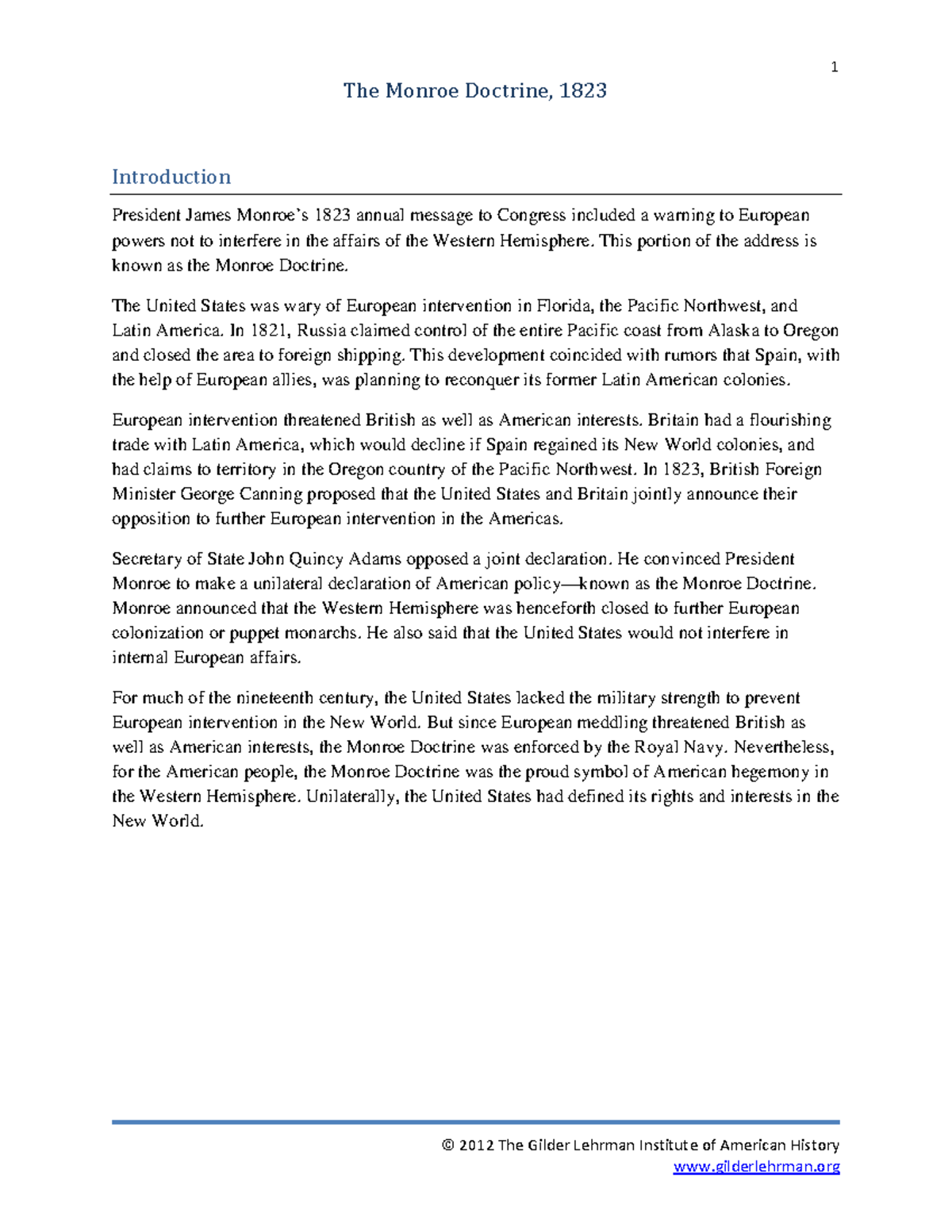 The Monroe Doctrine: American Foreign Policy in 1823 and Its ...