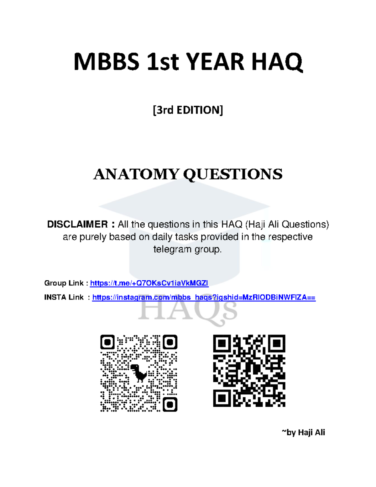 MBBS 1st YEAR HAQ ANATOMY QUESTIONS - 3rd Edition Notes - Studocu