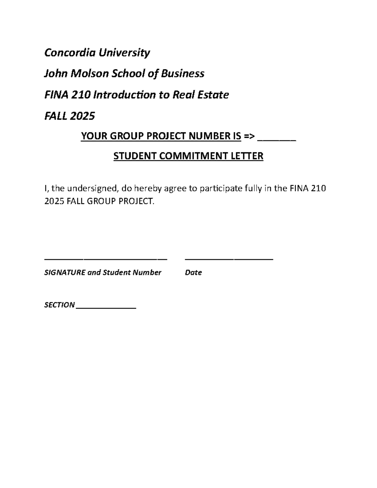 Concordia University Students Group Project Commitment Letter FALL 2025 ...