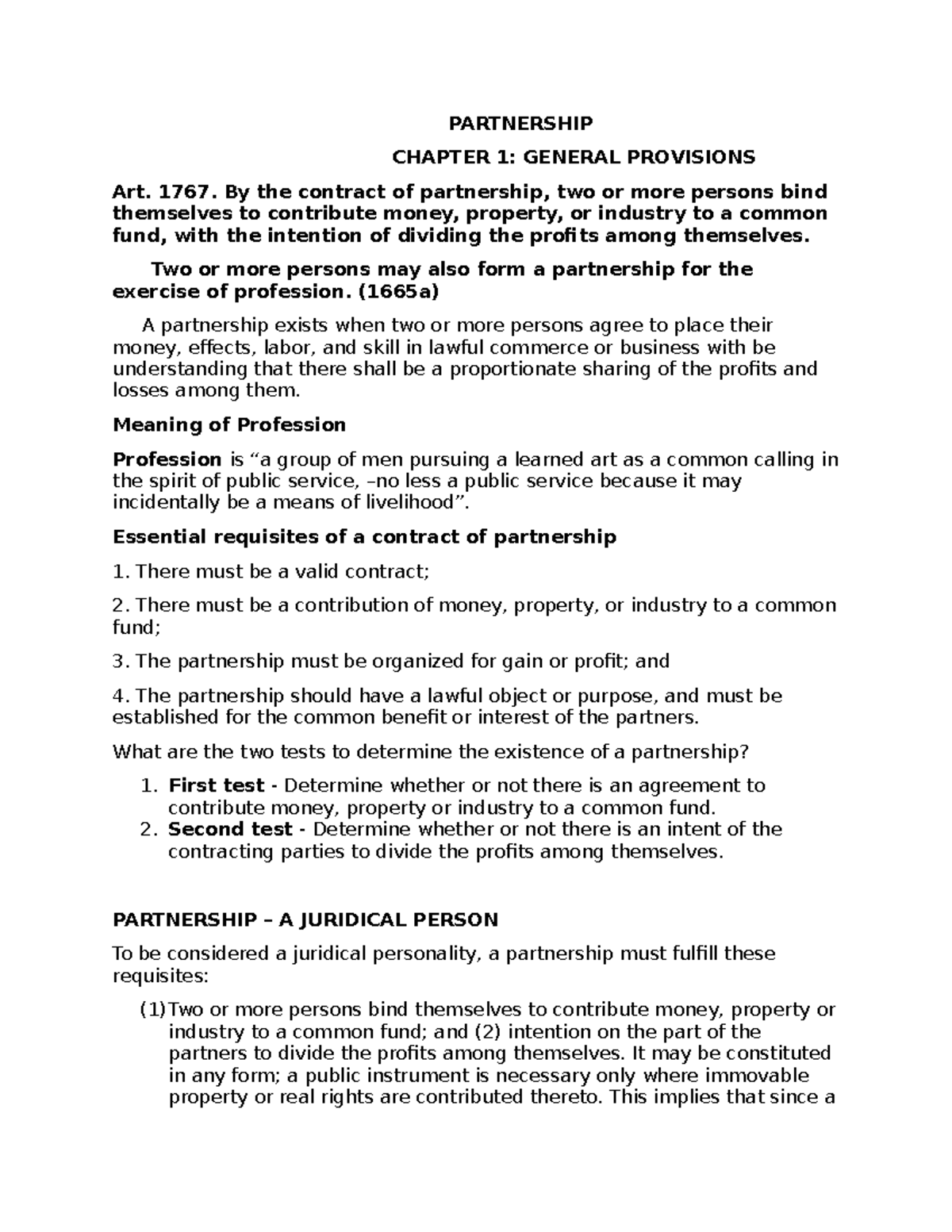 LAW 2 - Notes - PARTNERSHIP CHAPTER 1: GENERAL PROVISIONS Art. 1767. By ...