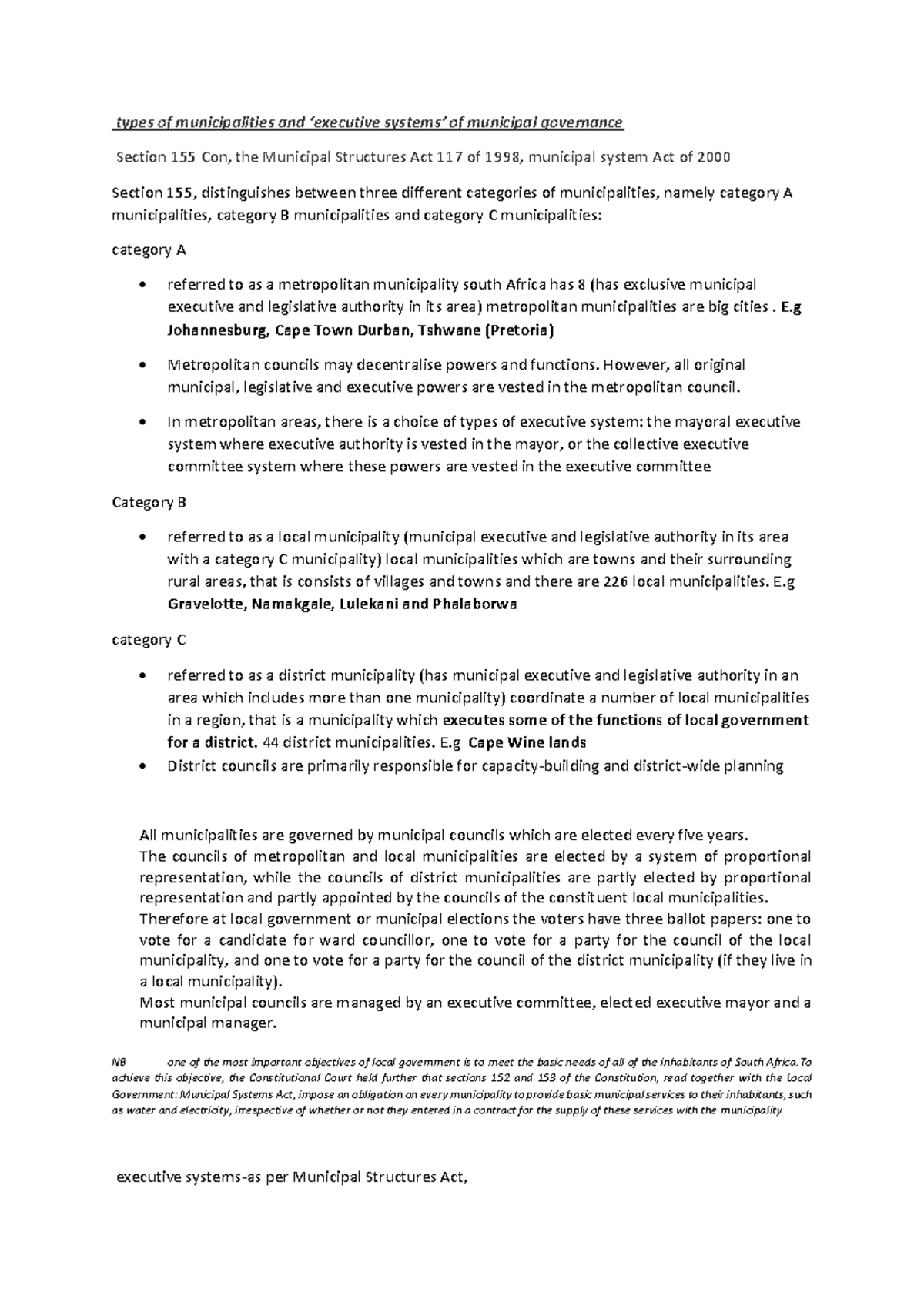 Municipal Governance Structures and Types of Municipalities Notes - Studocu