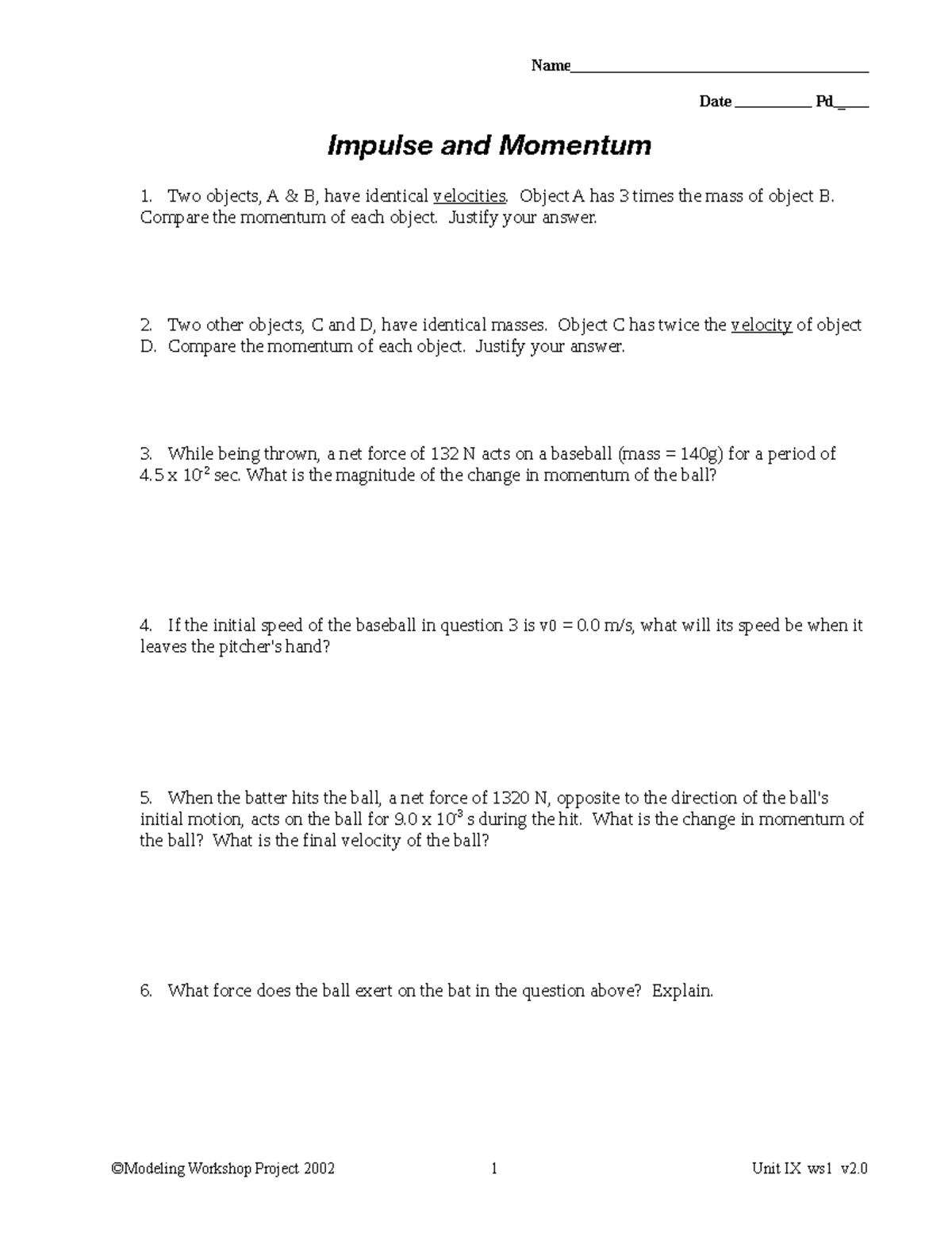 Impulse and Momentum Analysis for Physics Course (Unit IX) - Studocu
