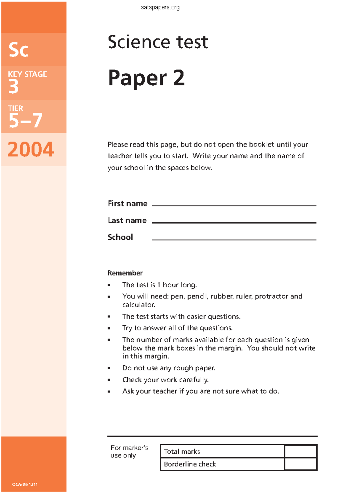KS3 Science 2004 paper 2 level 5-7 - Sc 2004 Science test Paper 2 ...