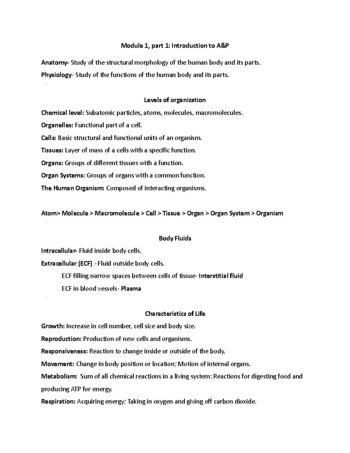 A&P 101: Chapter 1 - Intro to Anatomy & Physiology (Part 1) - Studocu