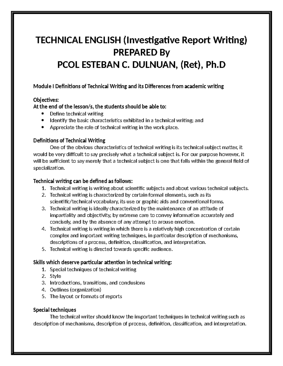 Technical English 1: Investigative Report Writing Module Insights - Studocu