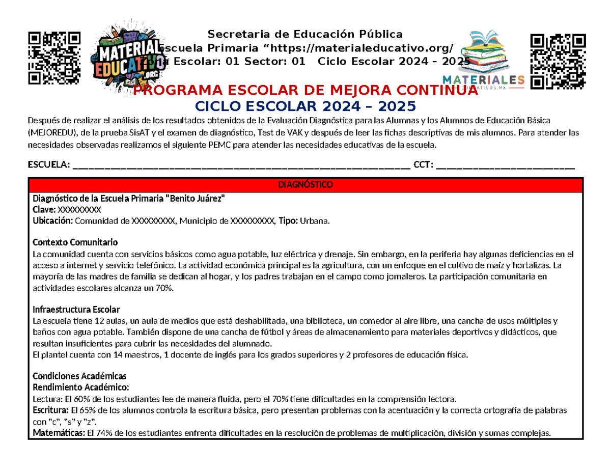 PEMC 2024 - 2025 MEX - Diagnóstico y Plan de Mejora Escolar - Studocu