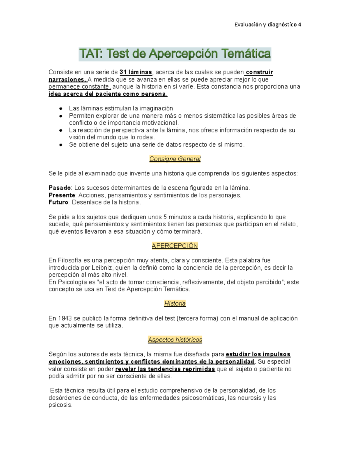 Resumen del Test de Apercepción Temática (TAT) - Evaluación y ...