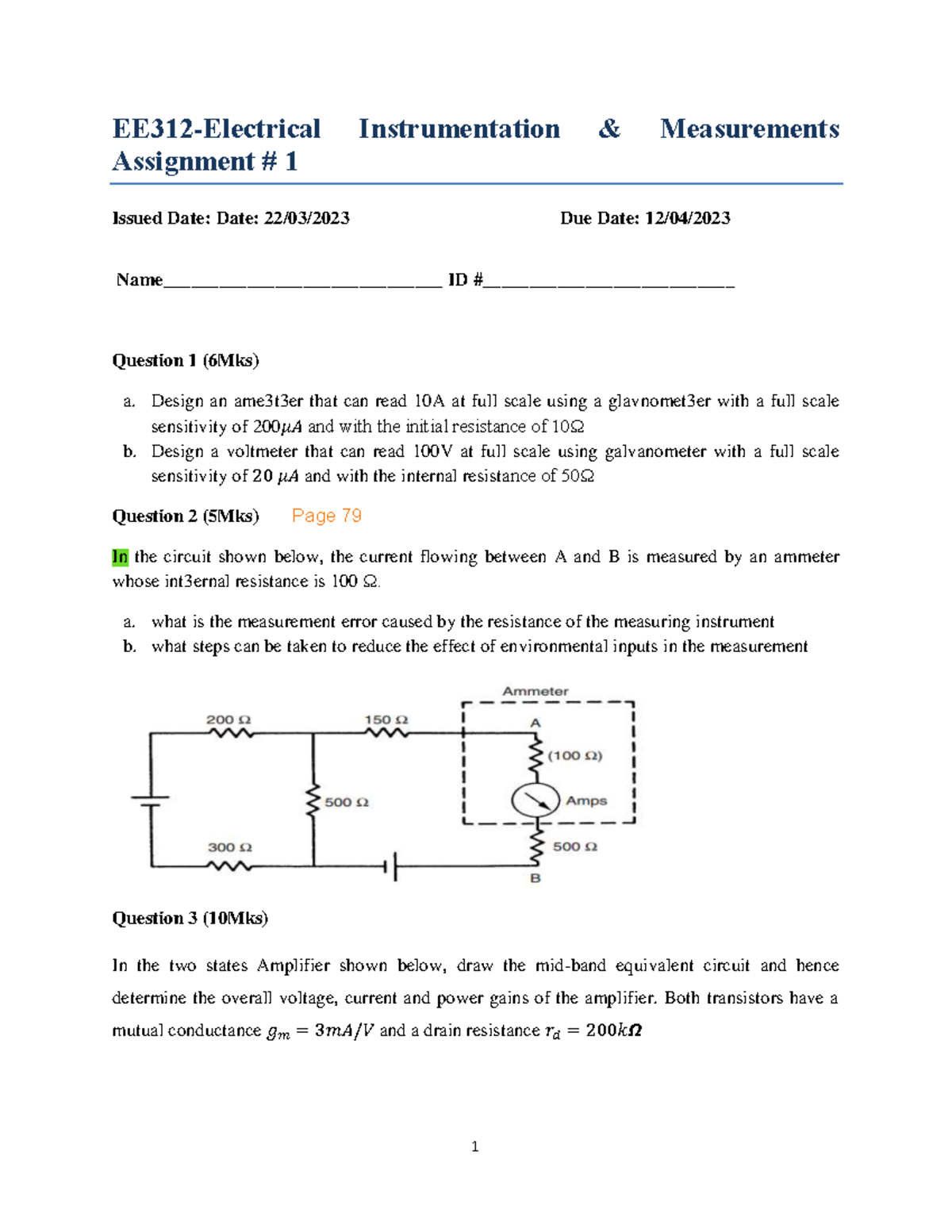 EE312 Assignment #1: Electrical Instrumentation & Measurements Insights - Studocu