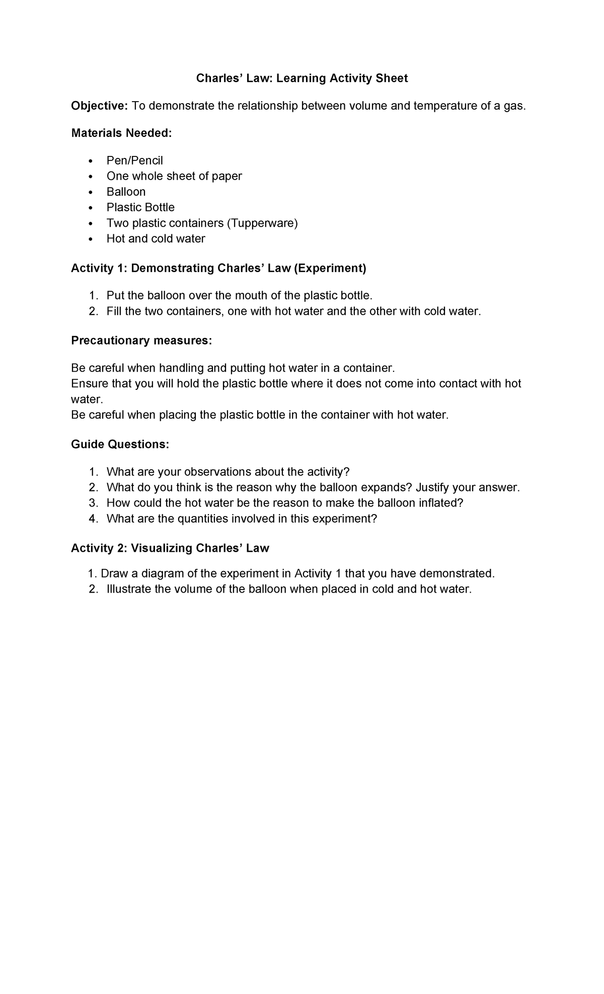 Charles’ Law Activity Sheet: Exploring Gas Volume & Temperature - Studocu