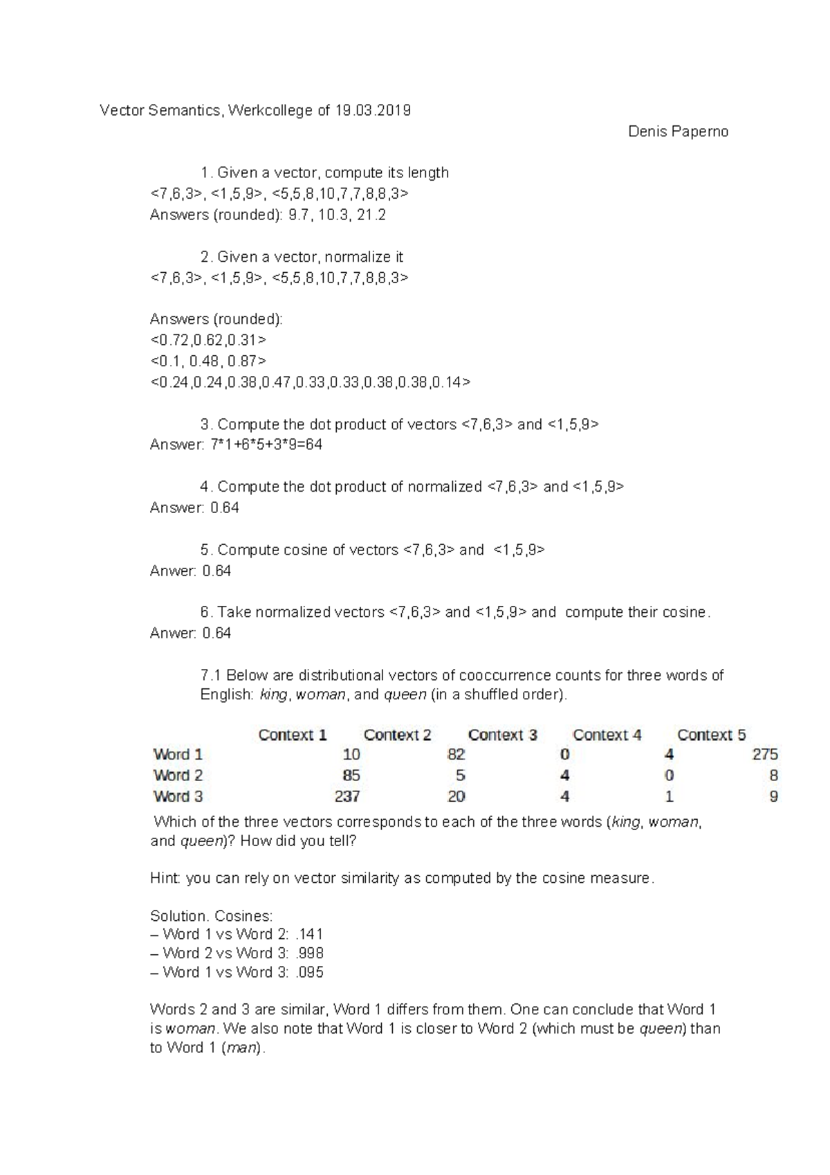 Vector Semantics exercises I with answers - Vector Semantics, Werkcollege of 19.03 Denis Paperno ...