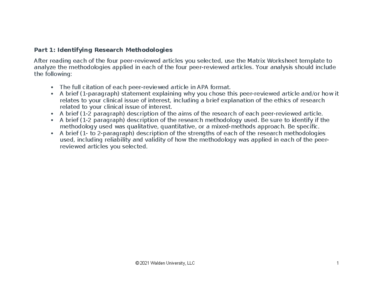 Assignwk 2Hellander L matrix assgn - Part 1: Identifying Research Methodologies After reading ...