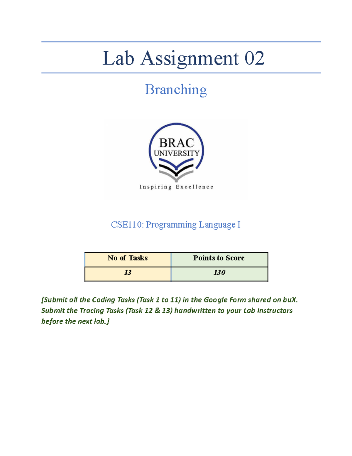 Lab assignment 02: Branching tasks for CSE110 programming language I ...