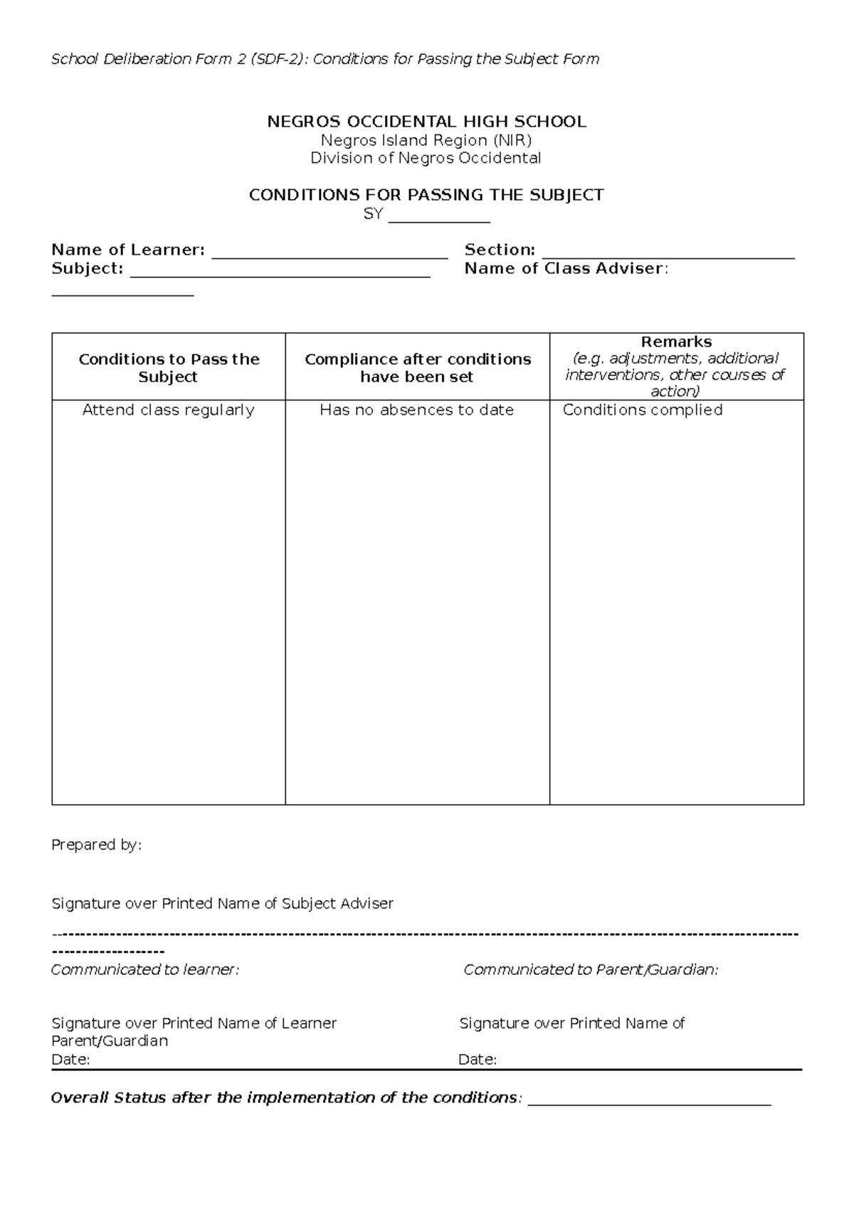 School Deliberation Form 2: Conditions for Passing the Subject - Studocu