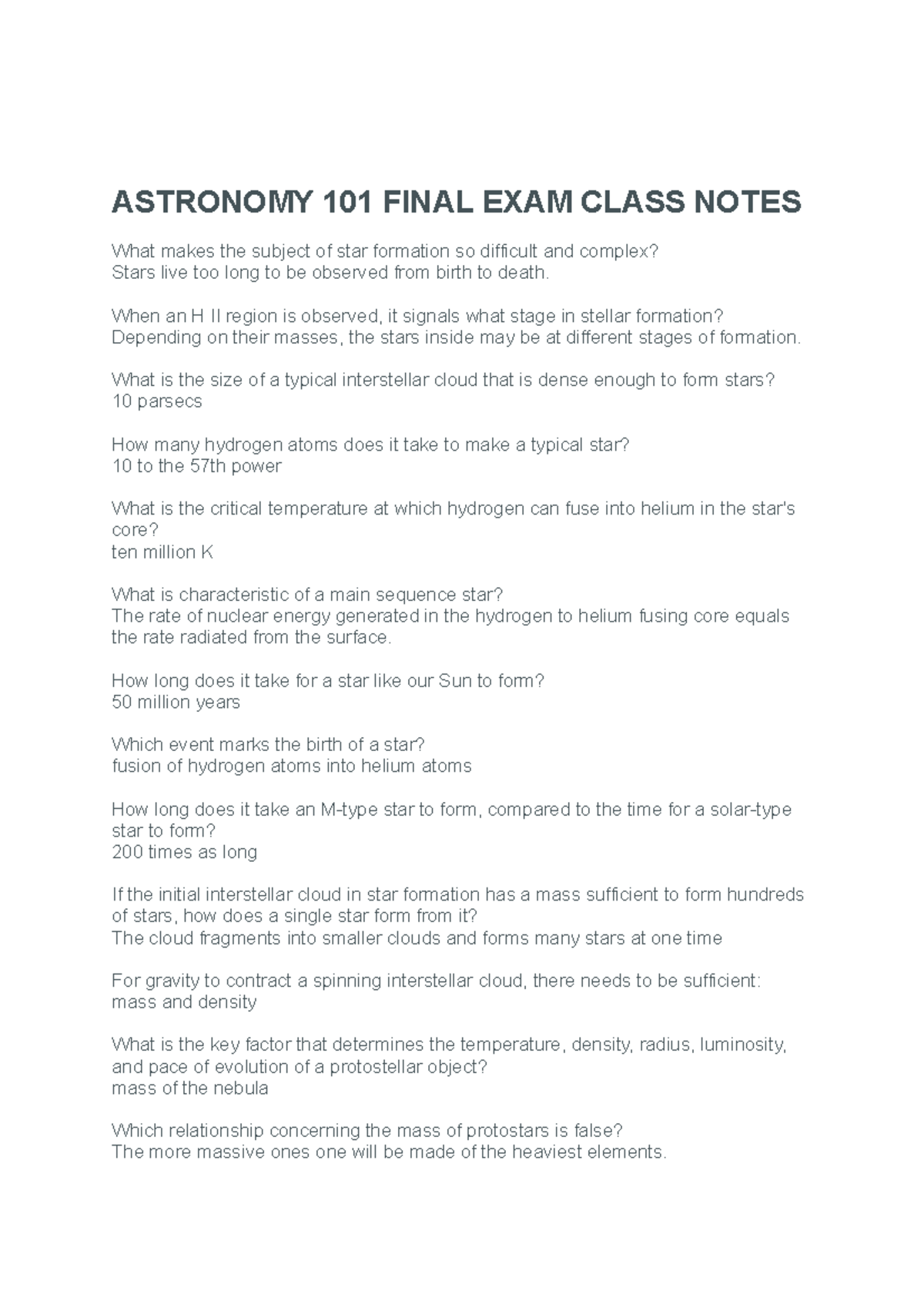 Astronomy 101 Final Exam Study Notes: Star Formation Concepts - Studocu