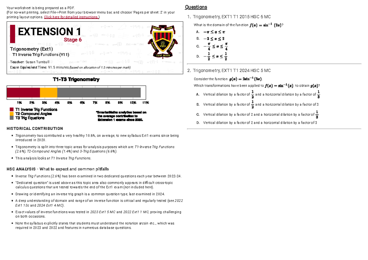 EXT1 T1 Inverse Trigonometry Worksheet & HSC Analysis - Studocu