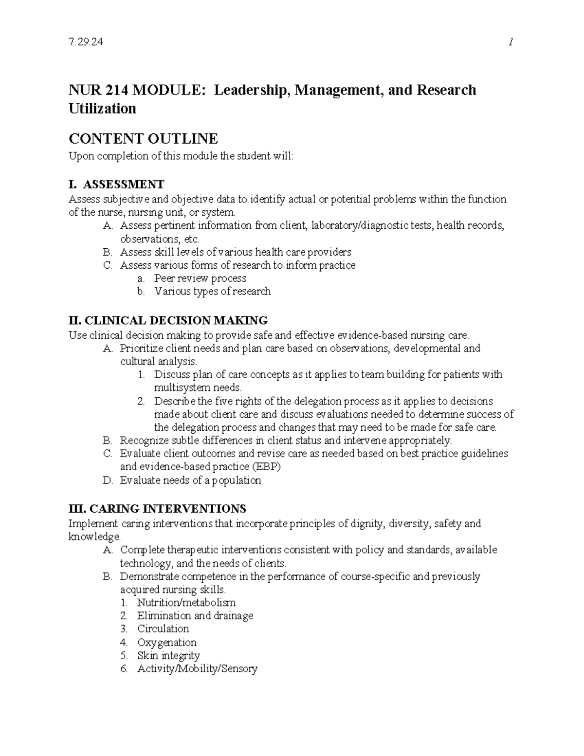 NUR 214: Leadership, Management & Research Utilization Content Outline ...
