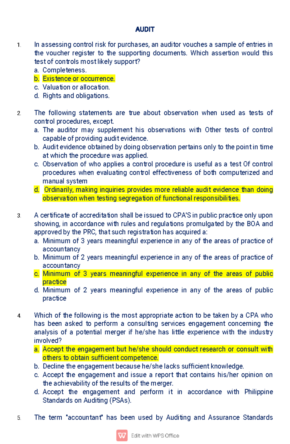 Auditing 101 - Practice Materials for CPA Exam Preparation - Studocu