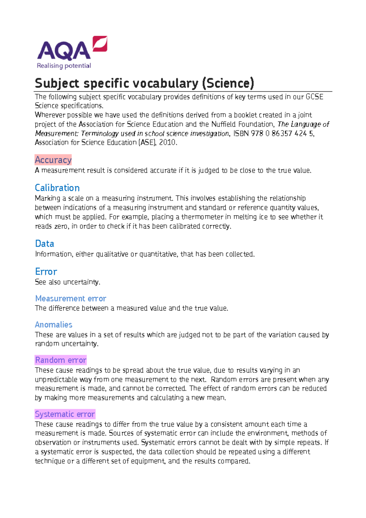AQA GCSE Science Vocabulary Glossary for Working Scientifically - Studocu