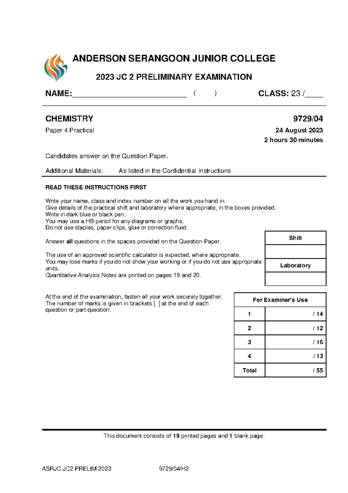 ASRJC JC2 Chemistry 2023 Prelim Exam Paper 4 Practical - Studocu