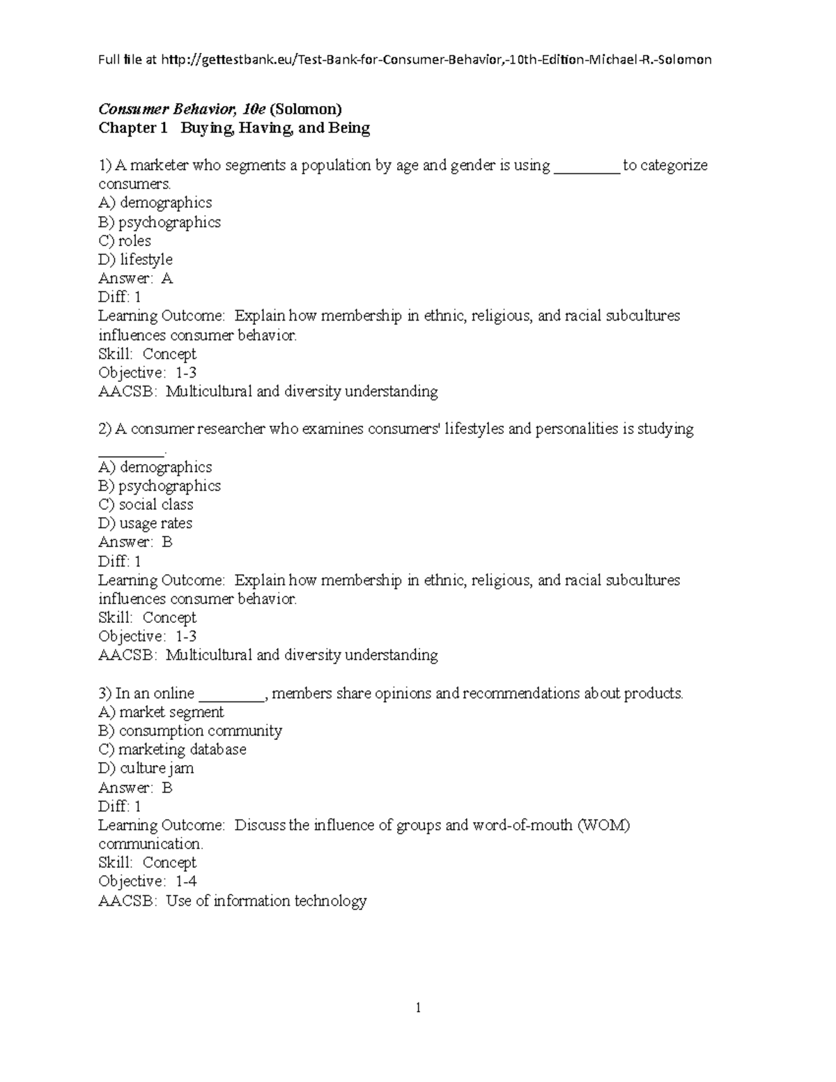 Test Bank for Consumer Behavior, 10th Edition Michael R - Consumer ...