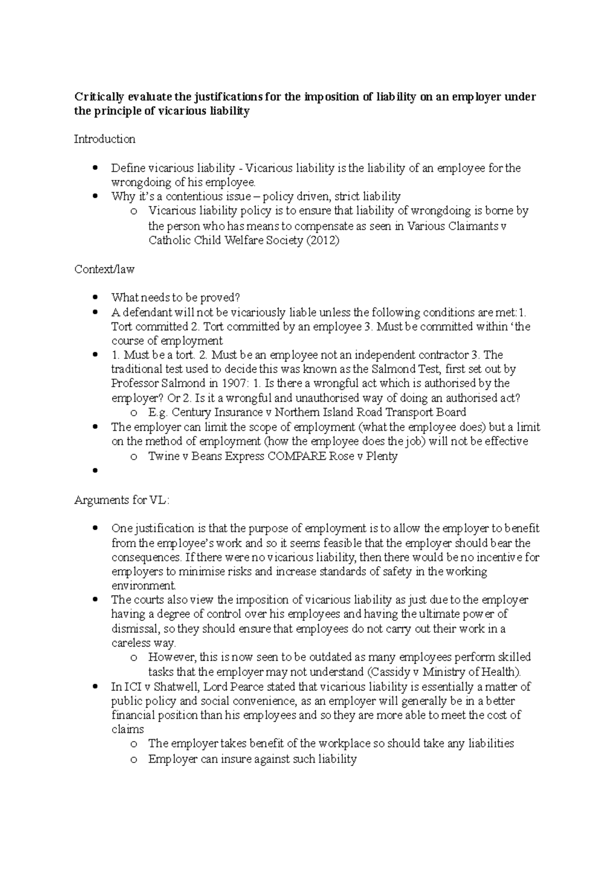 Employer liability notes - Critically evaluate the justifications for ...
