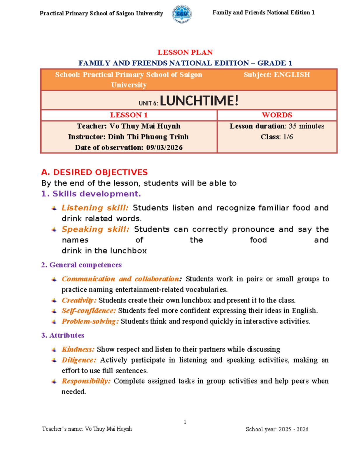 Family and Friends National Edition 1 Grade 1 Lesson Plan: Unit 6 ...