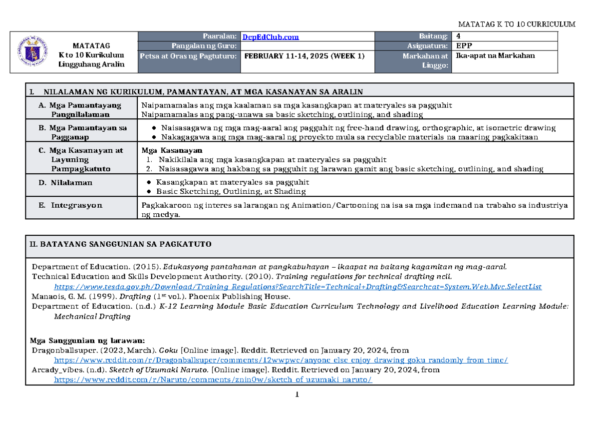 DLL Matatag EPP 4 Q4 W1 - Lesson Plan on Basic Sketching and Drawing - Studocu