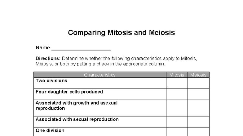 Comparing Mitosis and Meiosis Worksheet - Comparing Mitosis and Meiosis ...