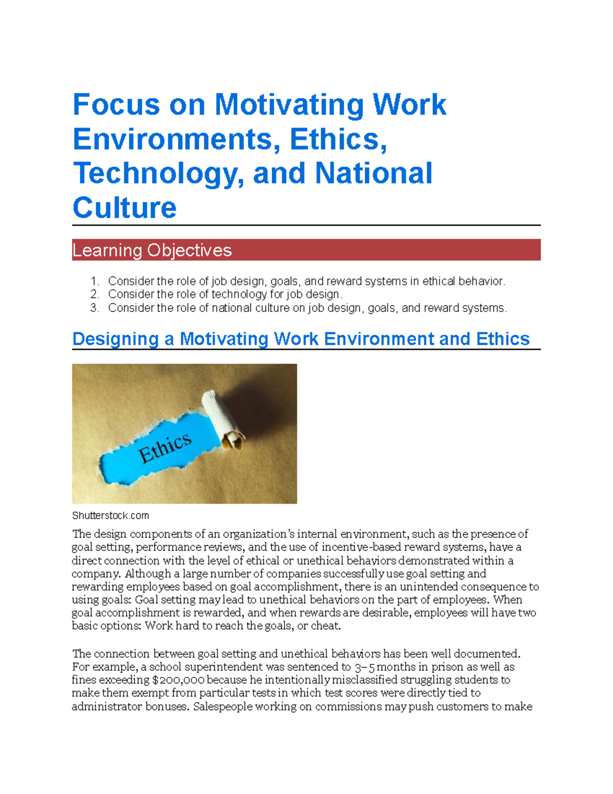 Focus on Motivating Work Environments, Ethics, Technology, and National ...