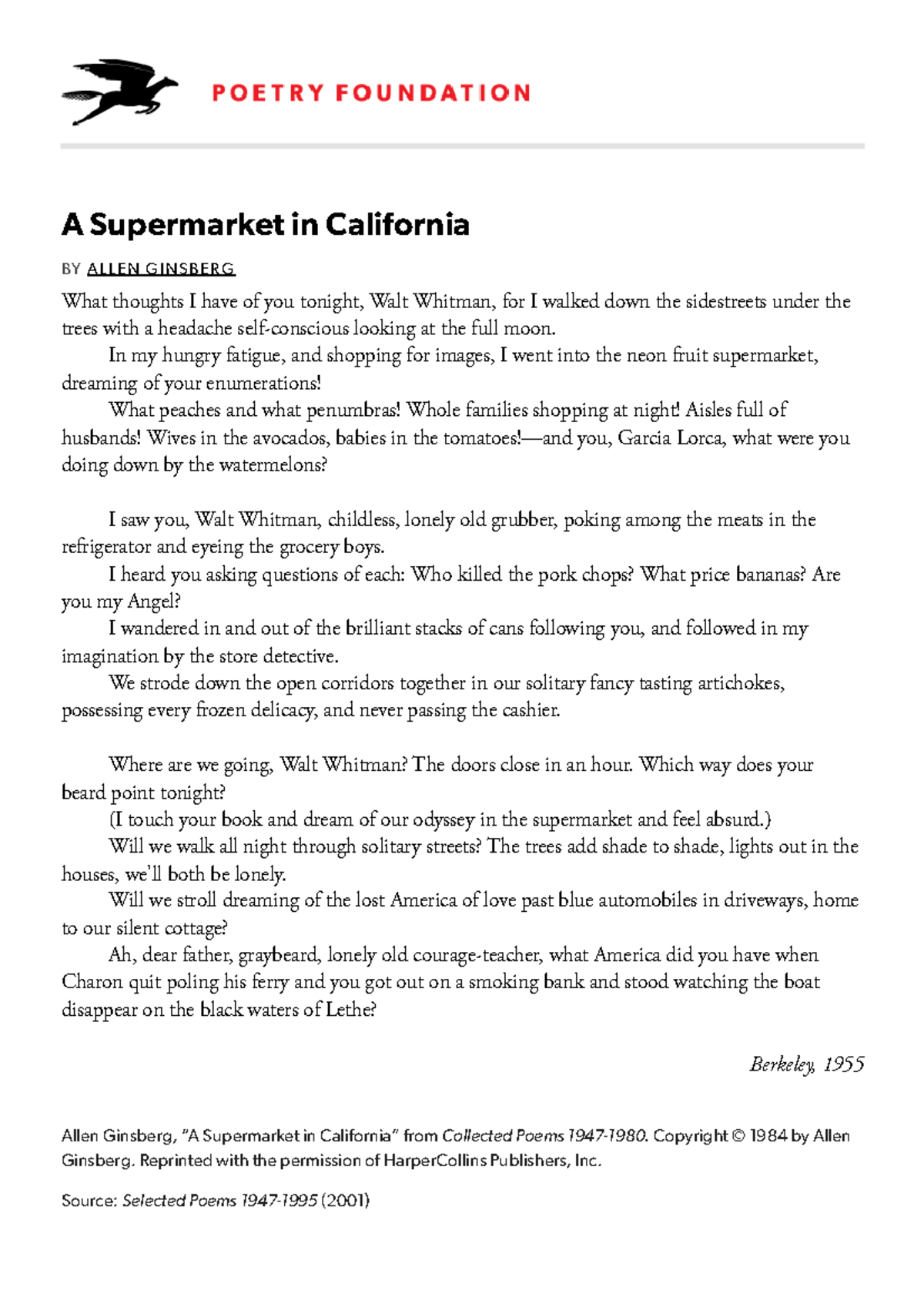 Poetry Analysis: A Supermarket in California by Allen Ginsberg - Studocu