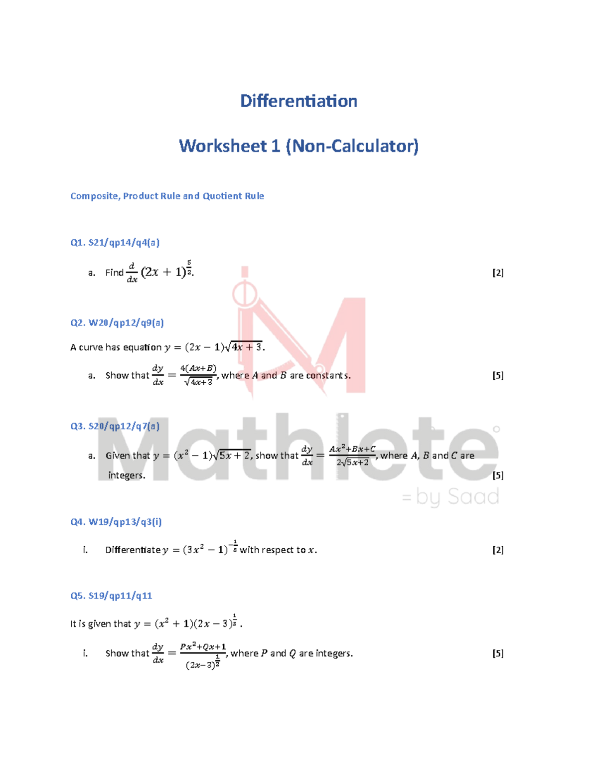 Differentiation Worksheet 1a: Composite, Product & Quotient Rules - Studocu