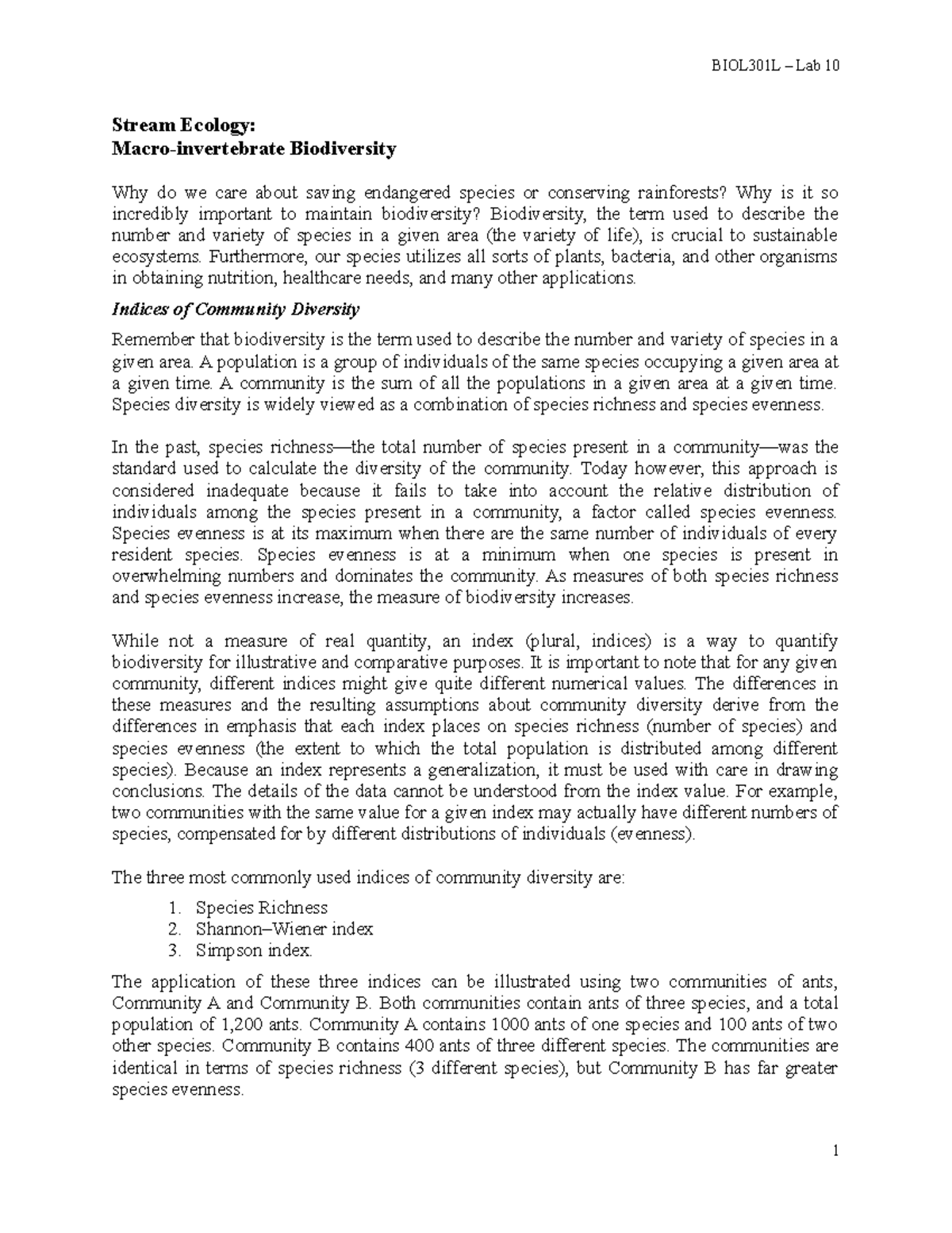 Stream Ecology: Macro-invertebrate Biodiversity & Diversity Indices ...