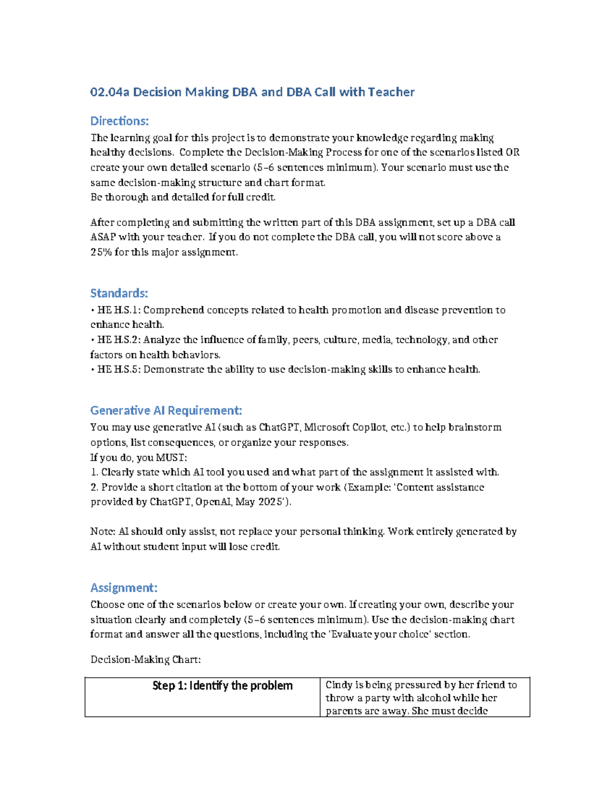 02.04a Healthy Decision Making DBA Assignment and Teacher Call - Studocu